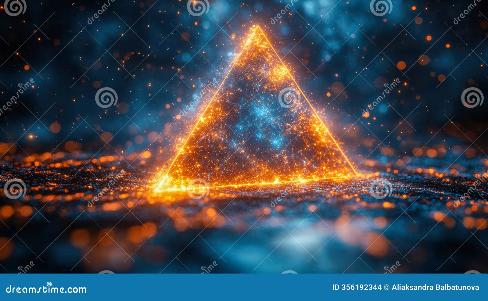 Bright Glowing Triangular Pyramid Floating on a Holographic Ocean. a ...