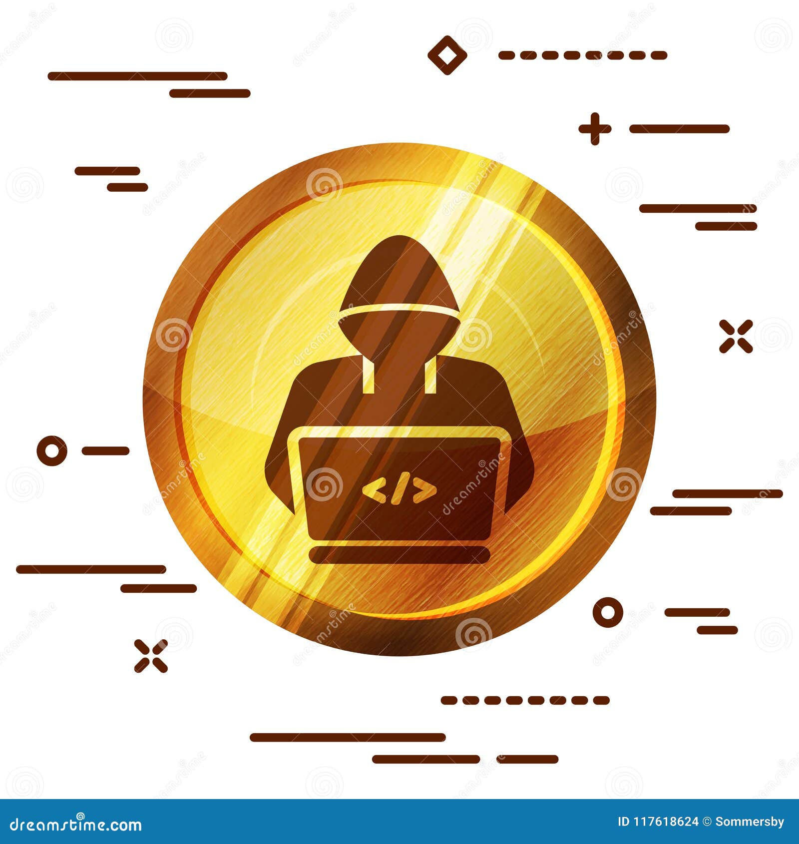Bright Golden Wooden Icon with Hacker or Coder Symbol on White B Stock ...