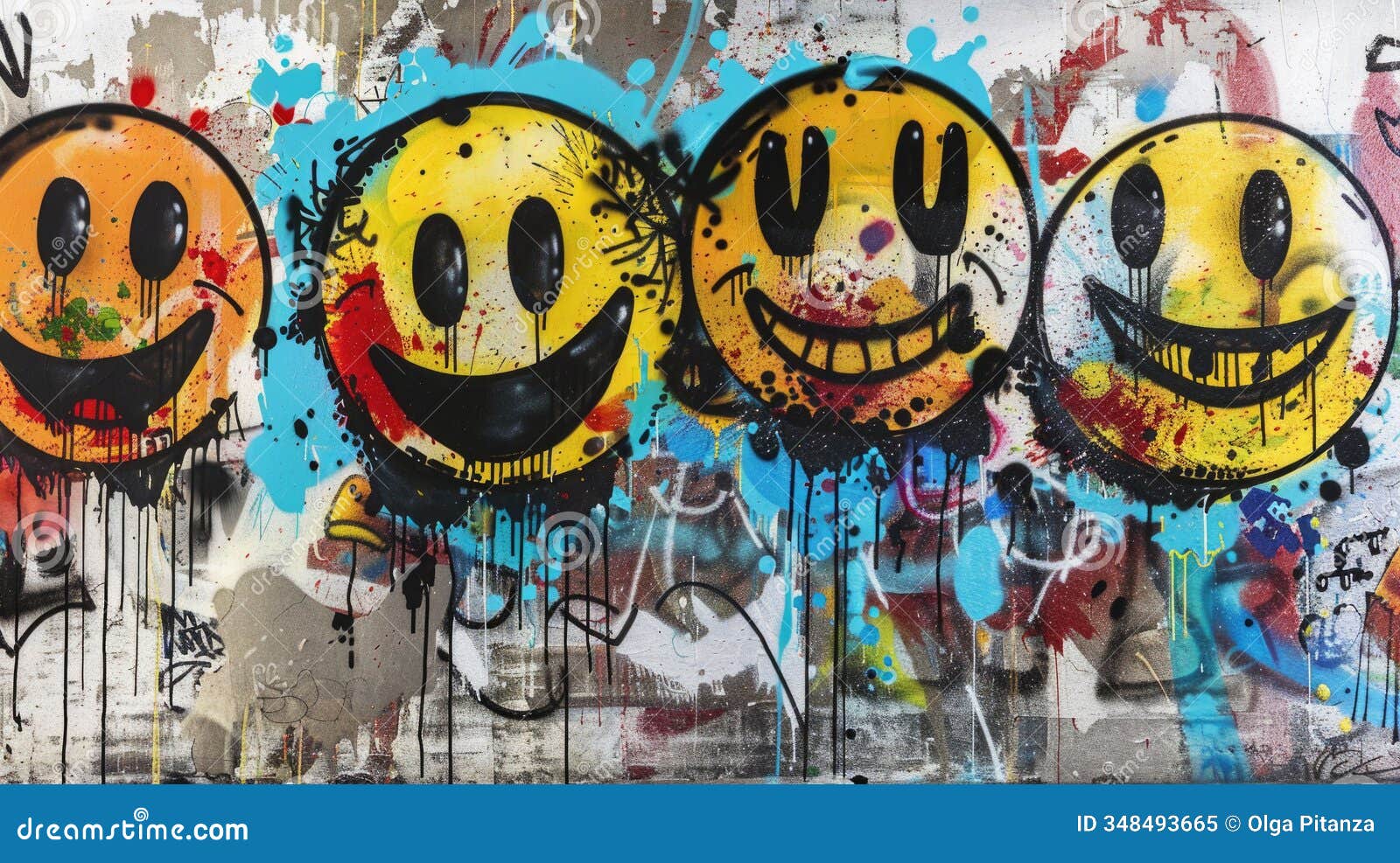 Bright Graffiti Art Featuring Multiple Colorful Smiley Faces on a ...