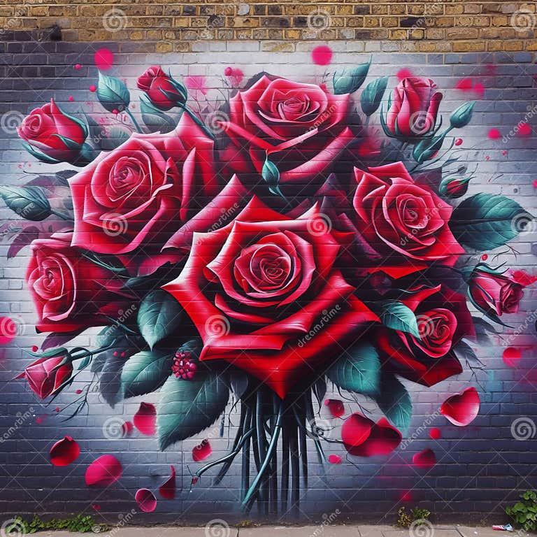 Bright Graffiti of Blooming Red Roses on a Brick Wall. Stock Image ...