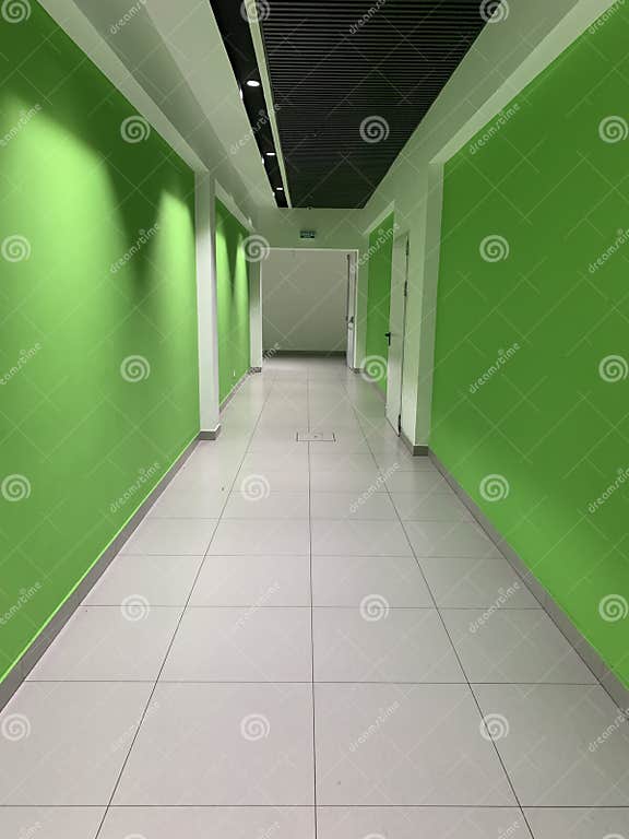 Bright Green Corridor in Modern Office Space Stock Image - Image of ...