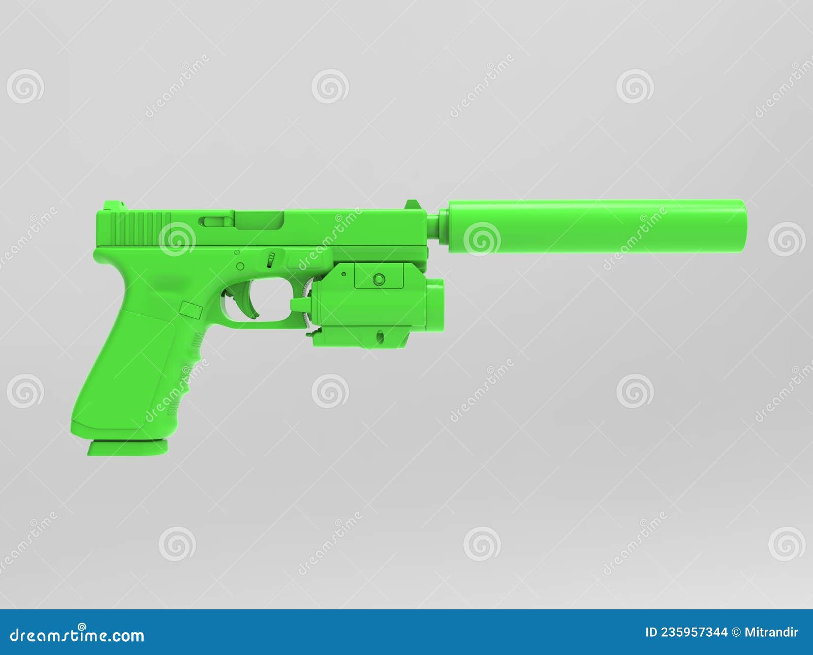 Bright Green Handgun with Silencer and Laser Point Sight on Light Gray ...
