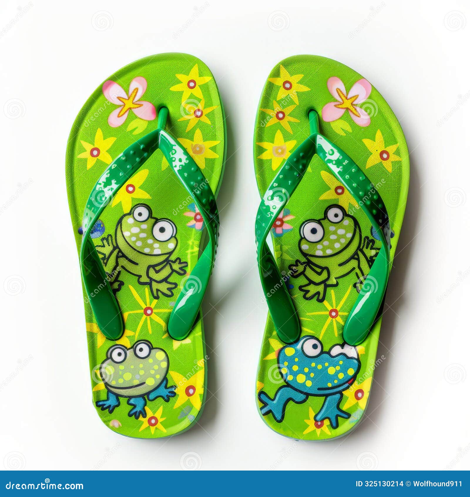 Bright Green Kids Flip-flops with a Playful Frog Pattern, Isolated on ...