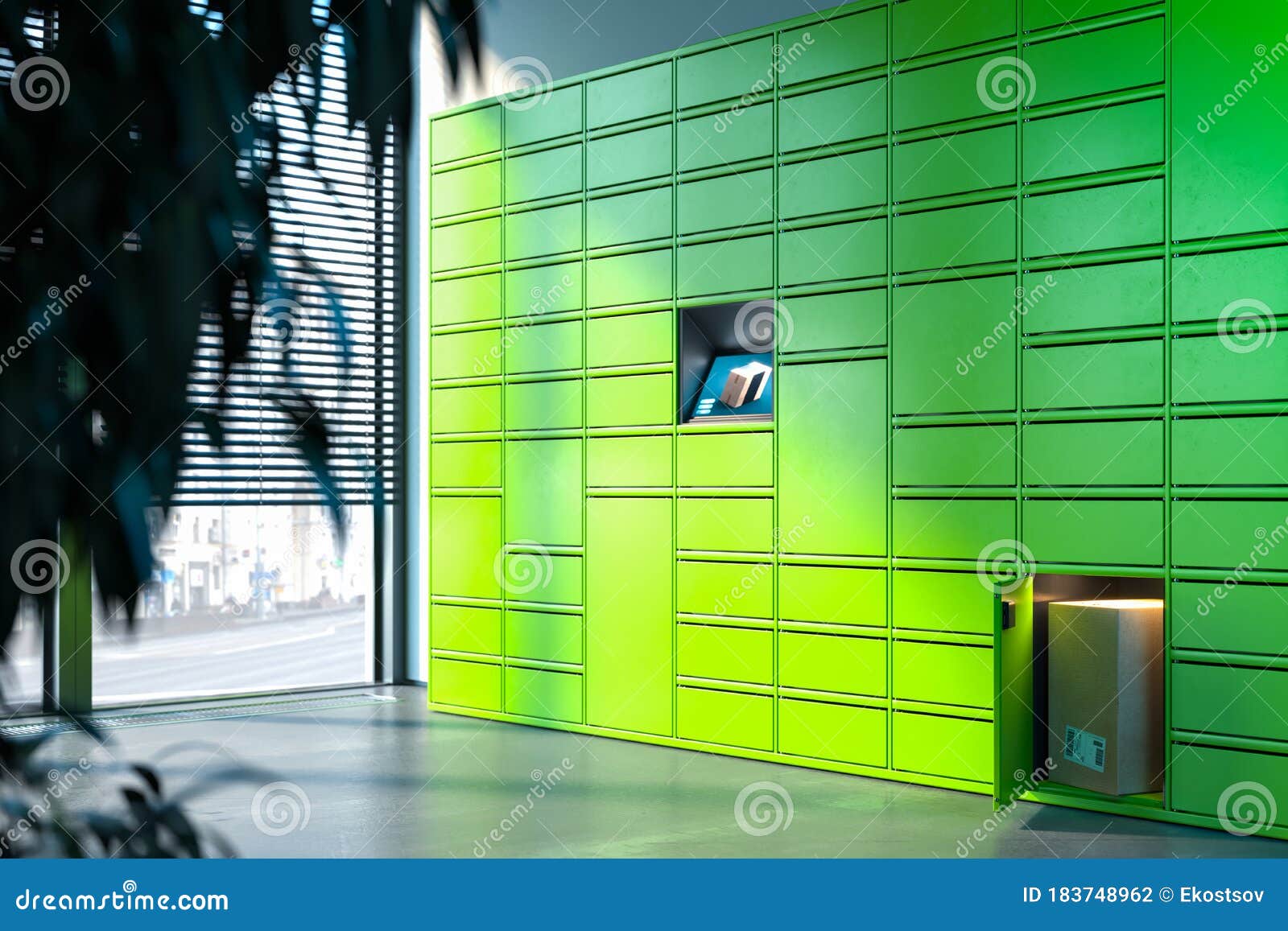 Bright Green or Lime Colored Self-Service Post Terminal Machine and One ...