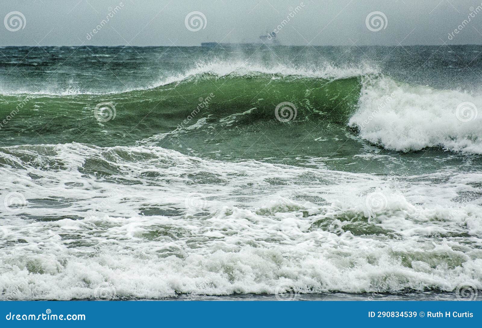 Bright Green Wave with Ship in the Background Stock Image - Image of ...