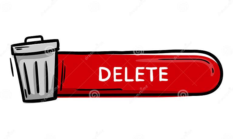 Bright Hand Draw Red Button with Text Delete and Trash Can Icon. Vector ...
