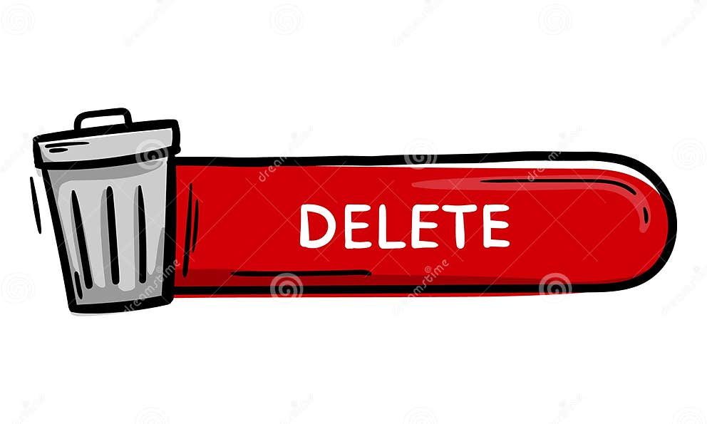 Bright Hand Draw Red Button with Text Delete and Trash Can Icon. Vector ...