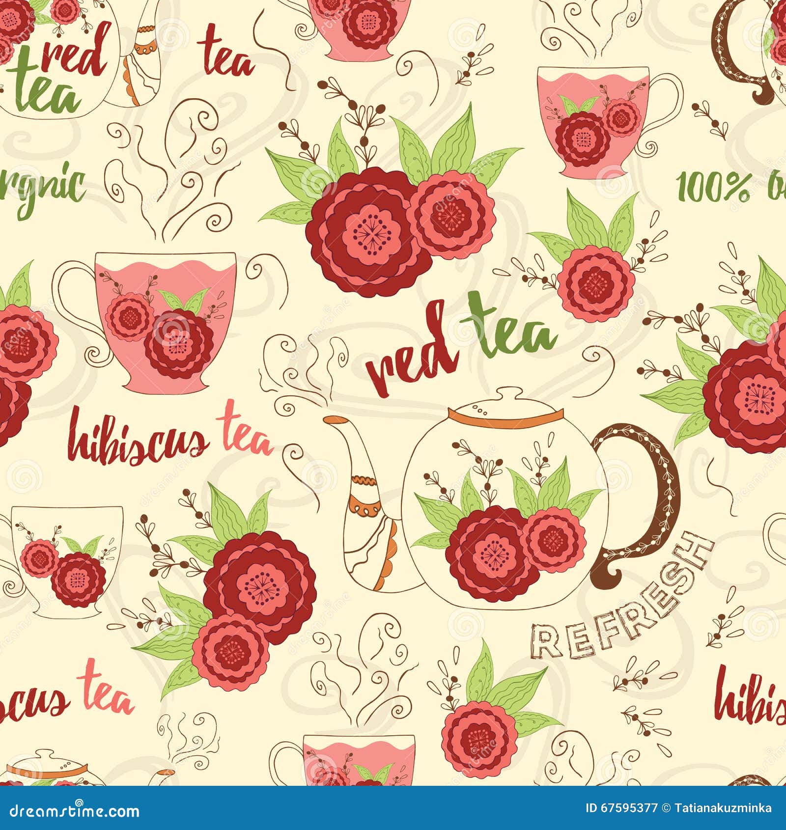 Bright Hand Drawing Seamless Texture with Red Hibiscus Tea, Fresh Steam ...