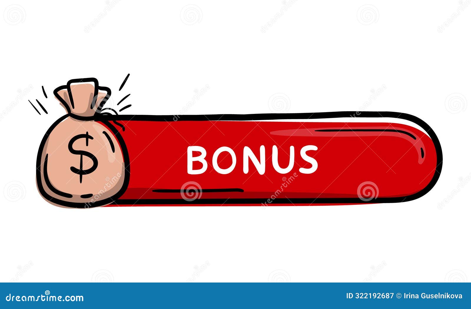 Bright Hand Drawn Red Button with Bonus Text and Money Bag Icon. Vector ...