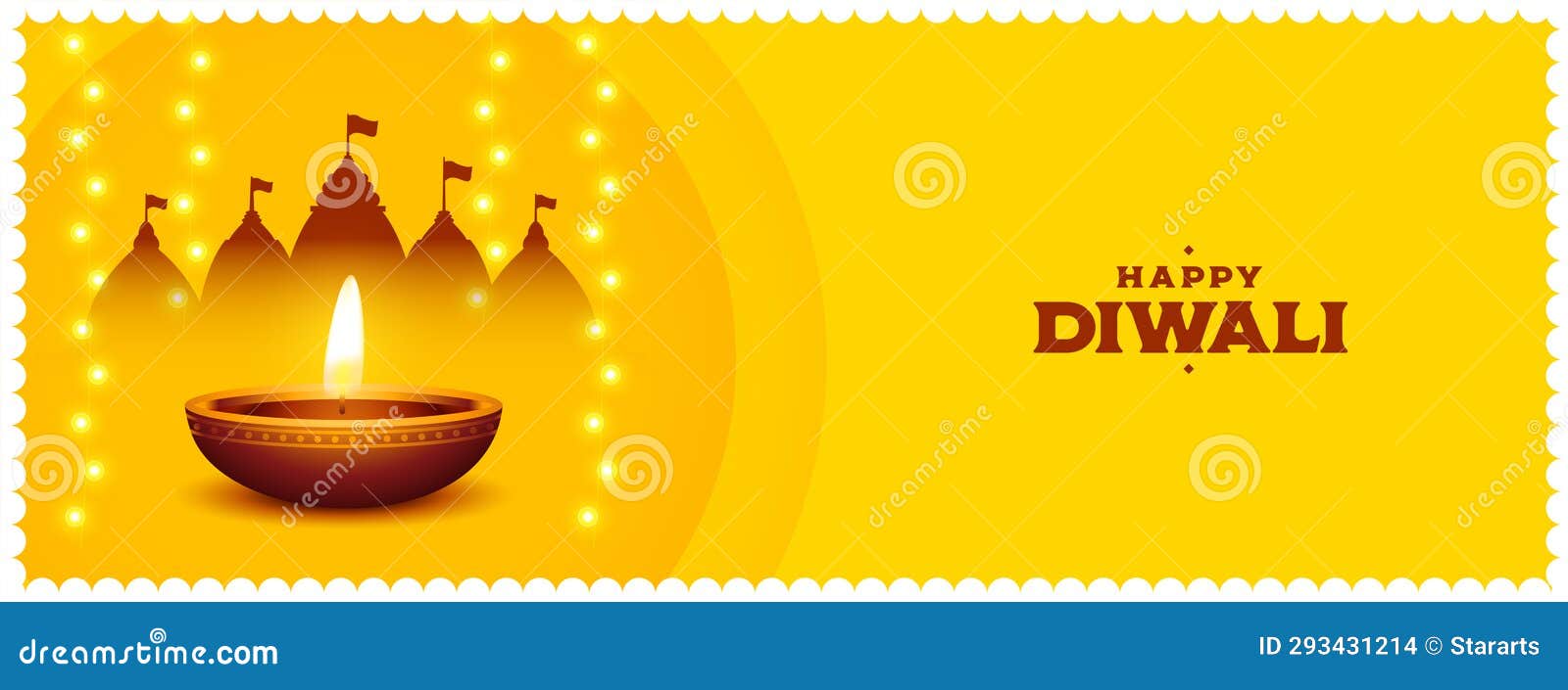Bright Happy Diwali Banner with Diya and Temple Shadow Design Vector ...