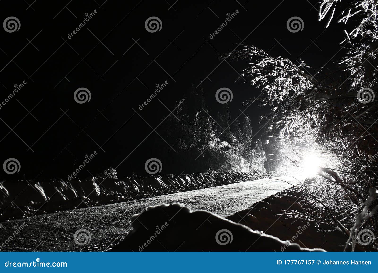 Bright Headlights in the Night on Winter Road Stock Image - Image of ...