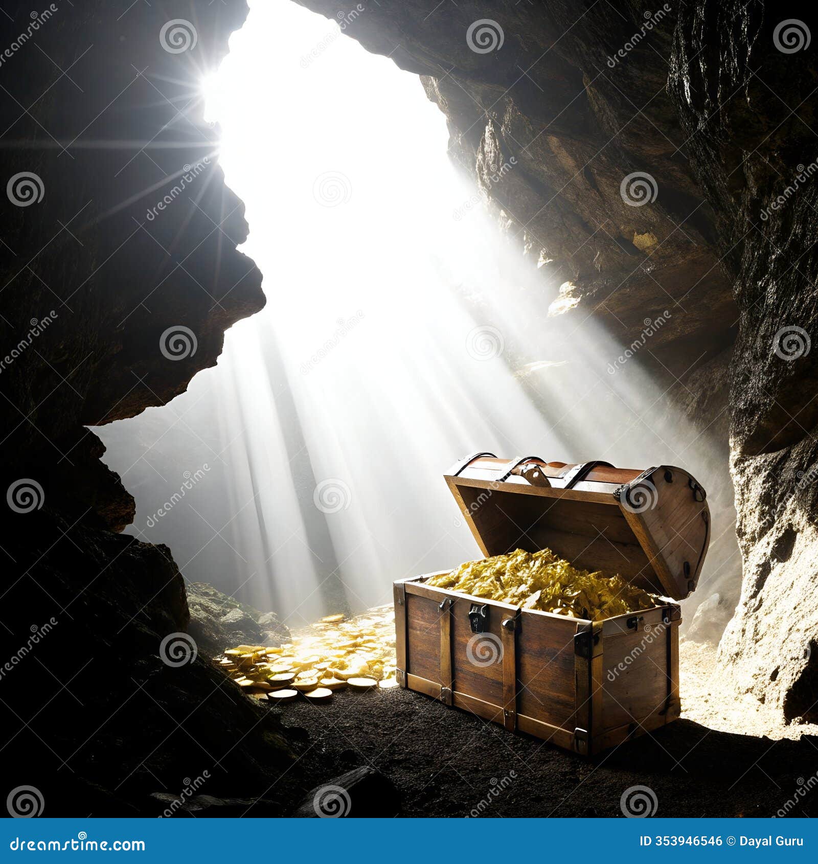 Bright Hidden Treasure Under Sunlight Rays in Cave Isolated on White ...