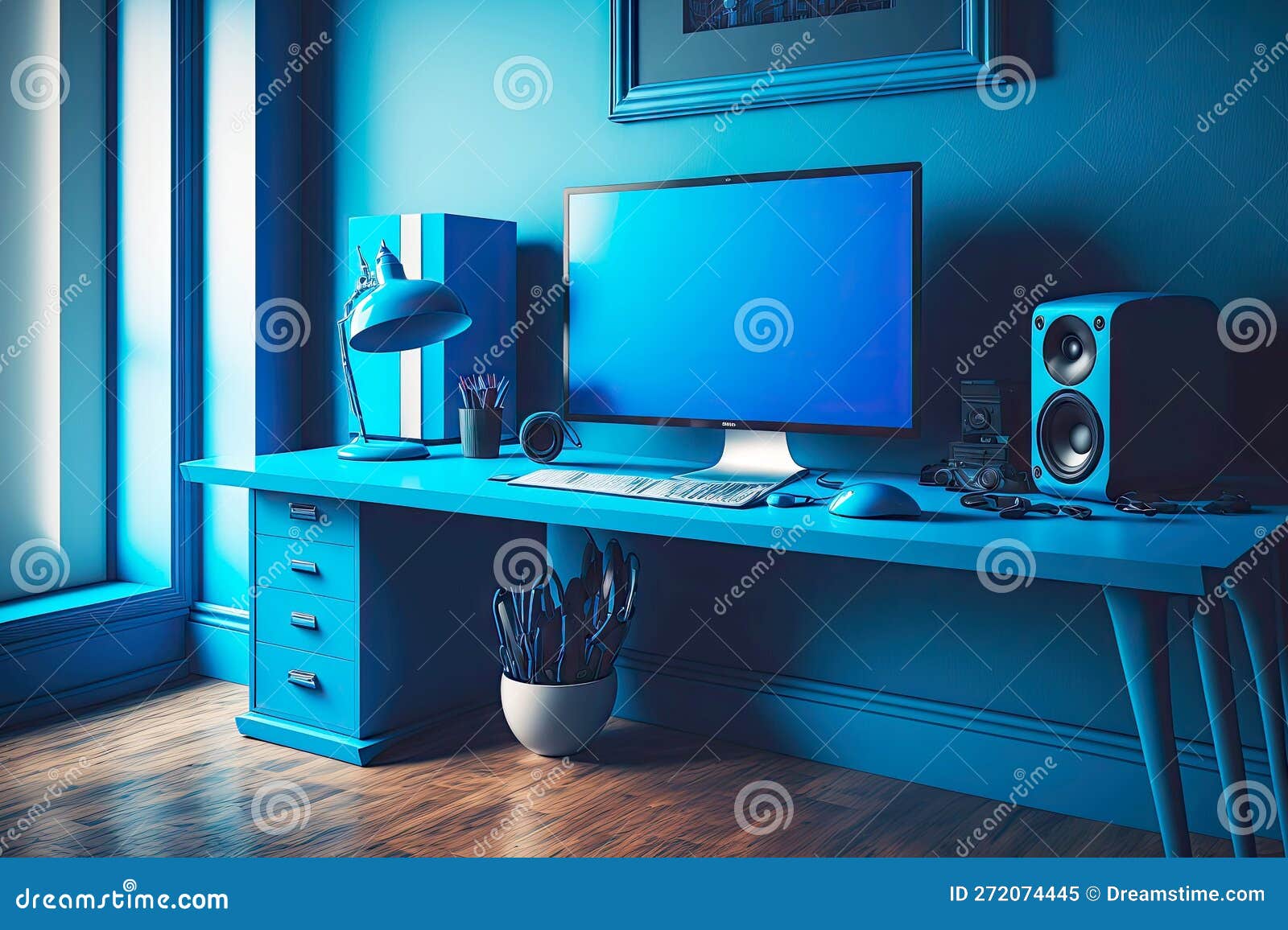 Bright Home Interior Blue with Desktop and Computer Stock Image - Image ...
