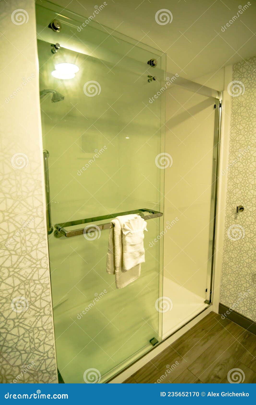 Bright hotel room interior stock photo. Image of shower - 235652170