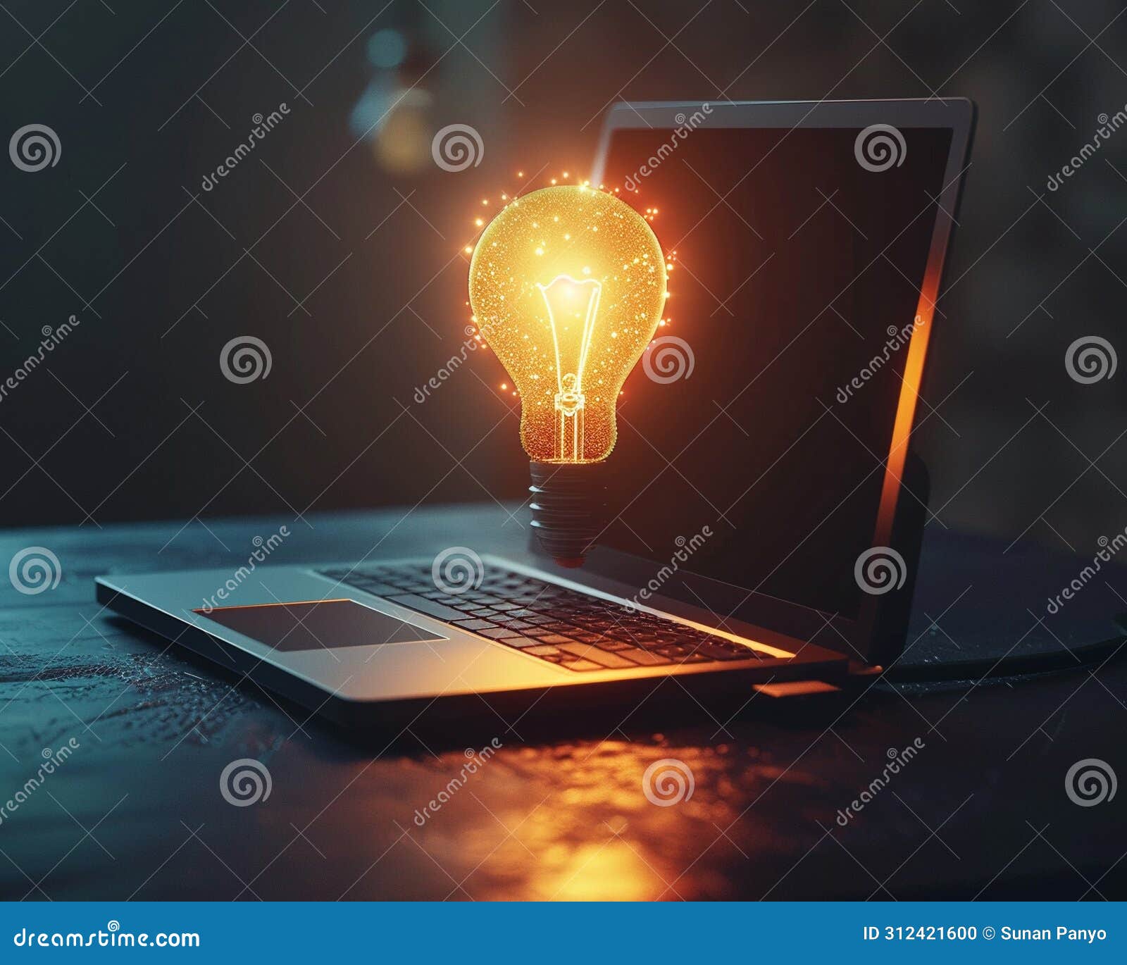 Bright Idea Emerges from a Laptop Screen, Side View, Soft Glow , Super ...