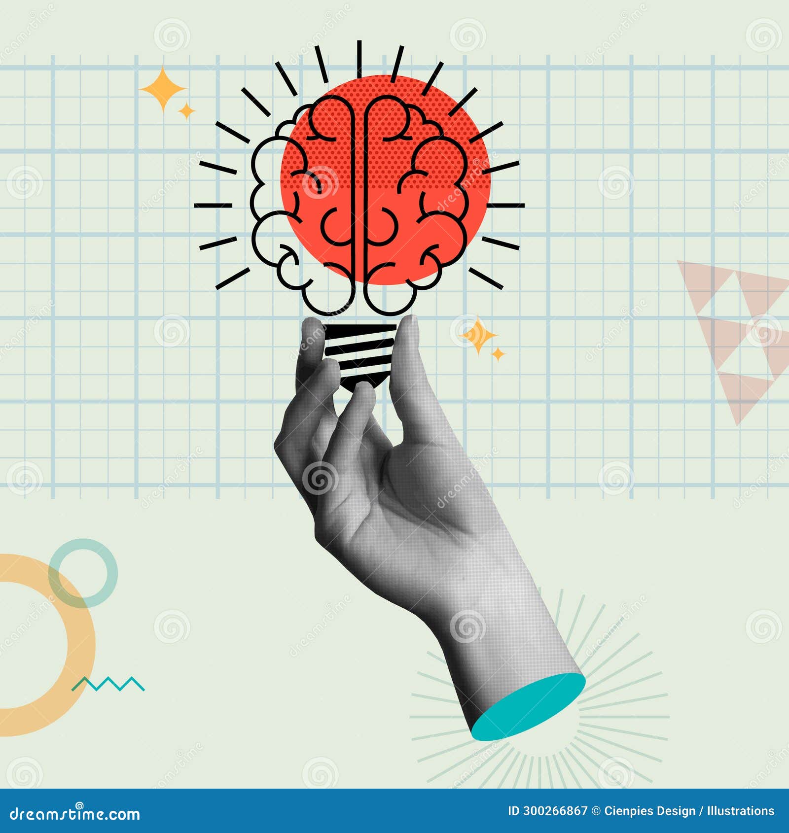 Human Brain Idea Concept and Hands in Retro Collage Vector Illustration ...