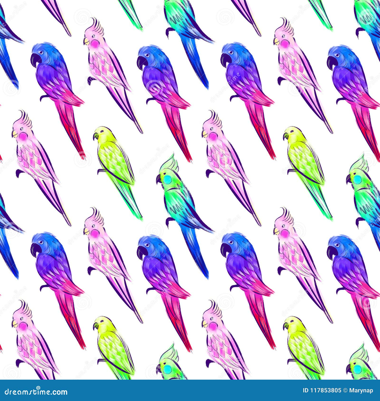 Seamless Pattern with Bright Painted Parrots Festive Design with Birds ...