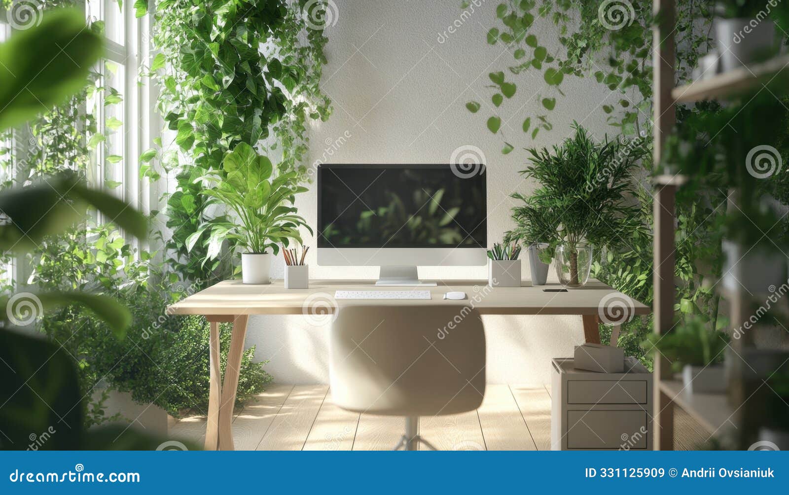Bright Indoor Workspace Surrounded by Lush Greenery in a Modern Home ...