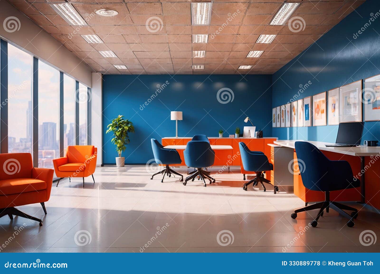 Bright Interior Modern Corporate Office Space, Blue and Orange Stock ...
