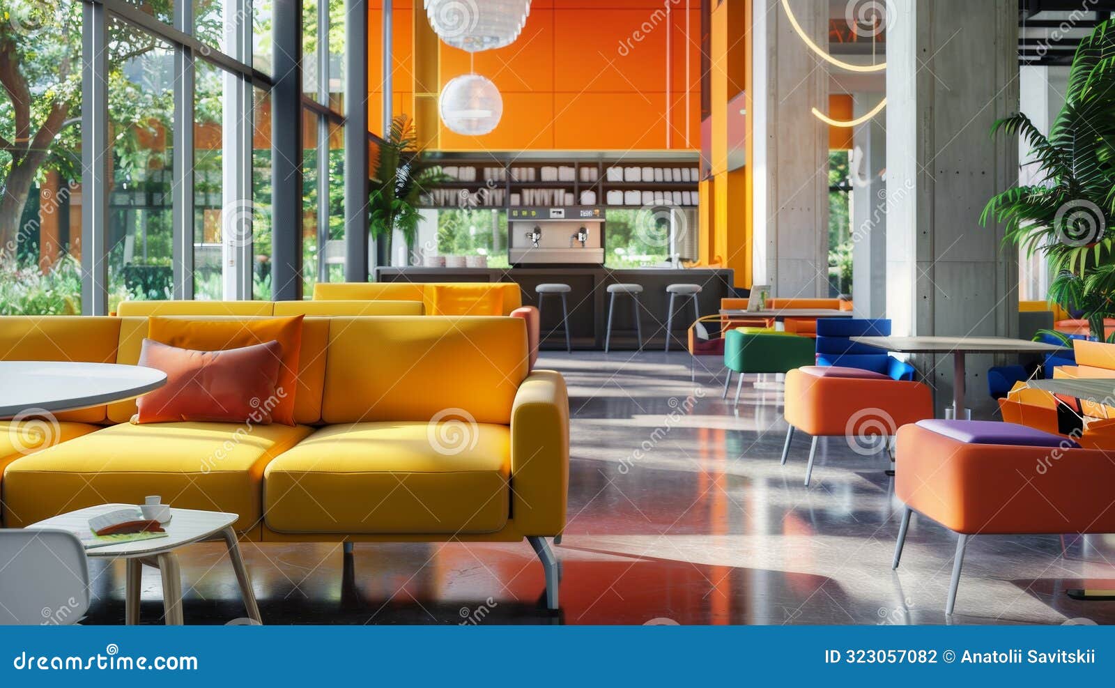 A Bright and Inviting Student Lounge with Colorful Seating, Large ...