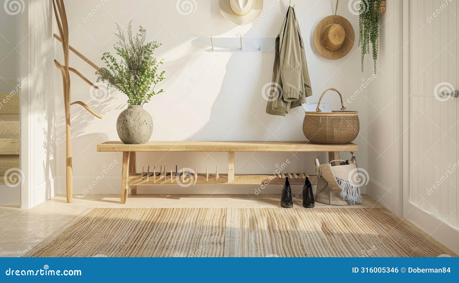 Bright Japandi-style Entryway with Natural Wood Bench and Decorative ...