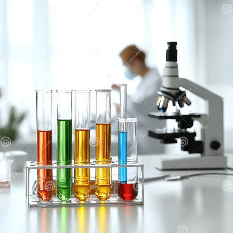 Laboratory Setting with Colorful Test Tubes and a Microscope Used for ...