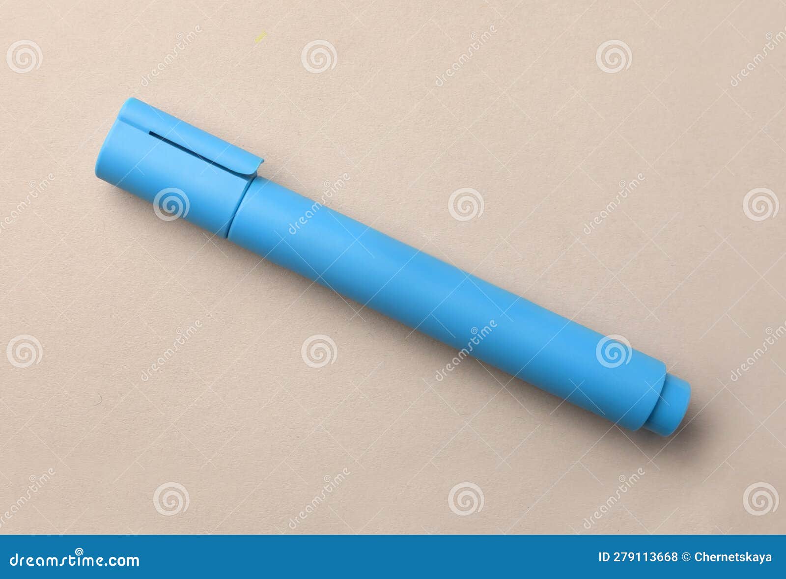 Bright Light Blue Marker on Beige Background, Top View Stock Photo ...
