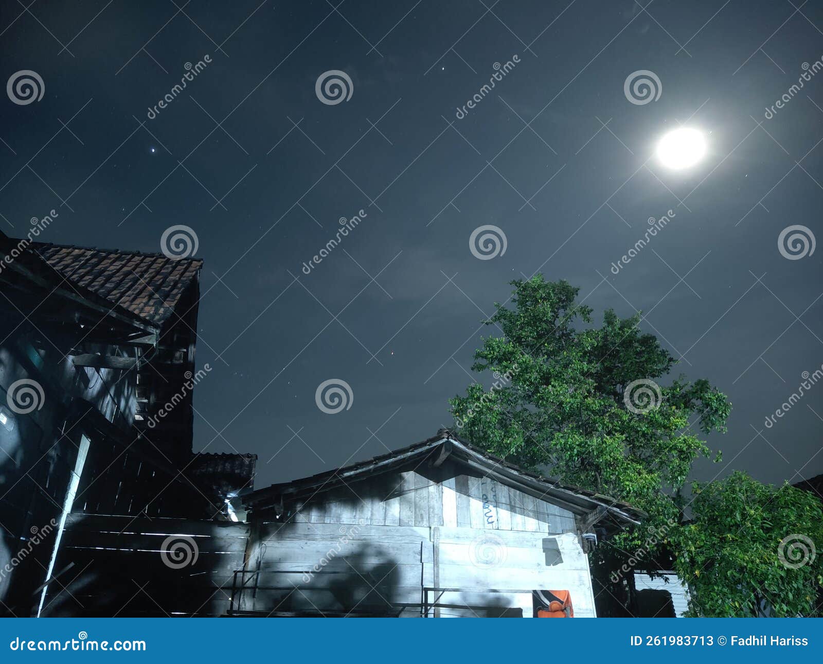 Bright Light Full Moon at Clear Night Sky with Trees and House Under ...