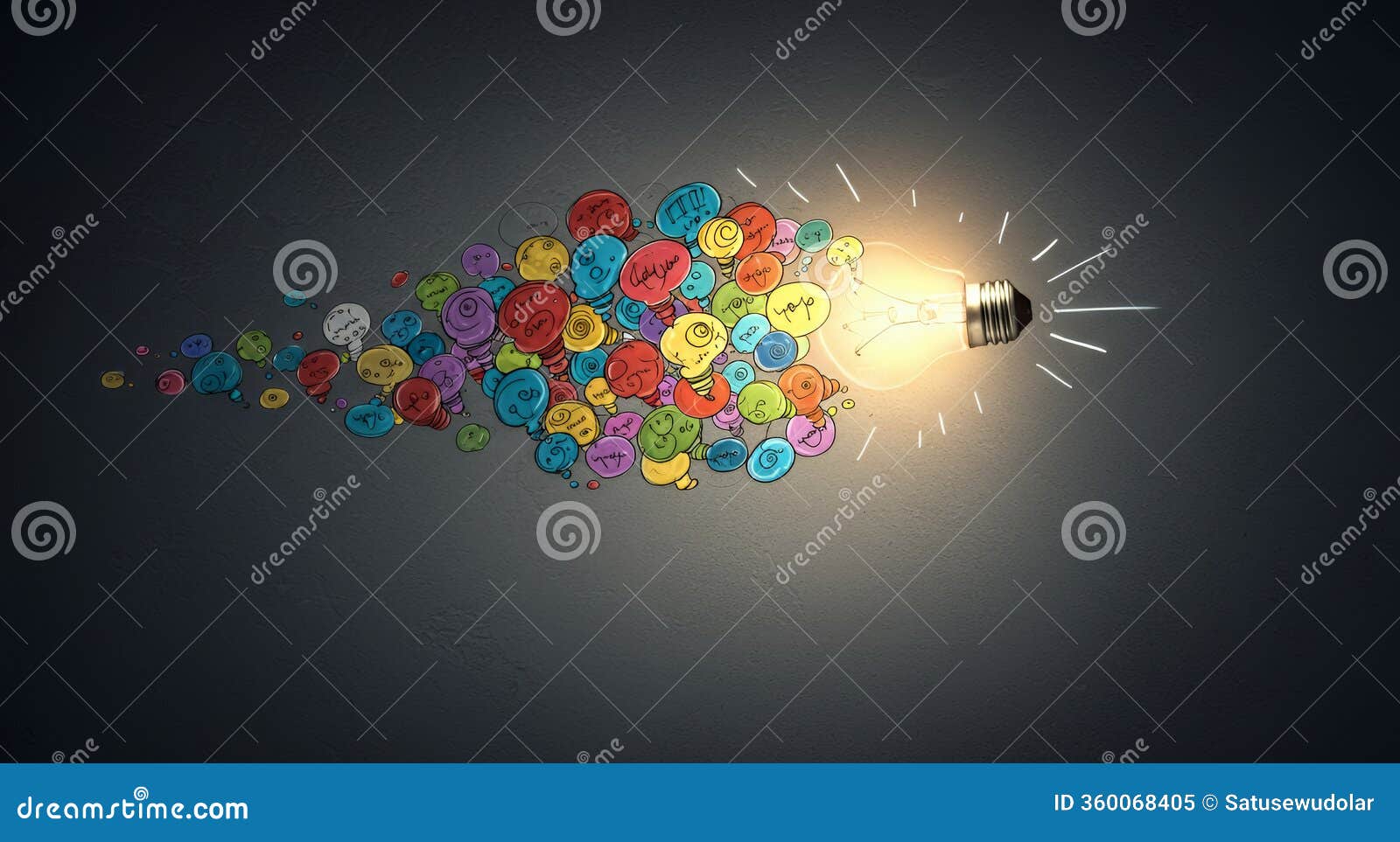 A Bright Lightbulb Emitting Ideas in Colourful Cartoon Bubbles Stock ...
