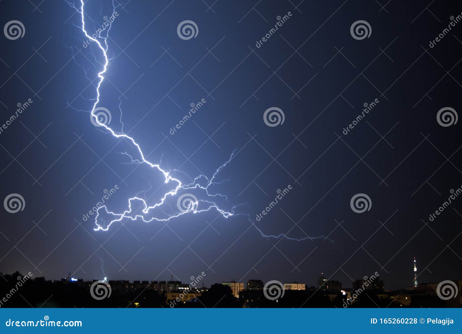 Bright Lightning in the Black Sky Over the City Stock Photo - Image of ...