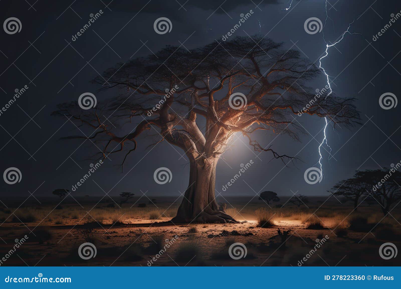Bright Lightning Hit the Tree Stock Illustration - Illustration of ...