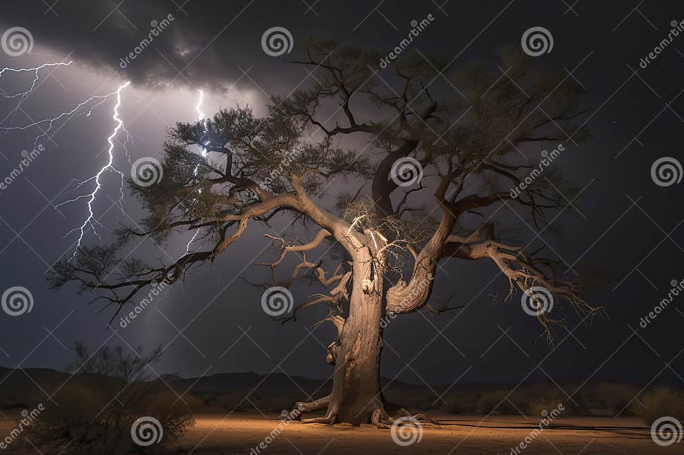 Bright Lightning Hit the Tree Stock Illustration - Illustration of calm ...