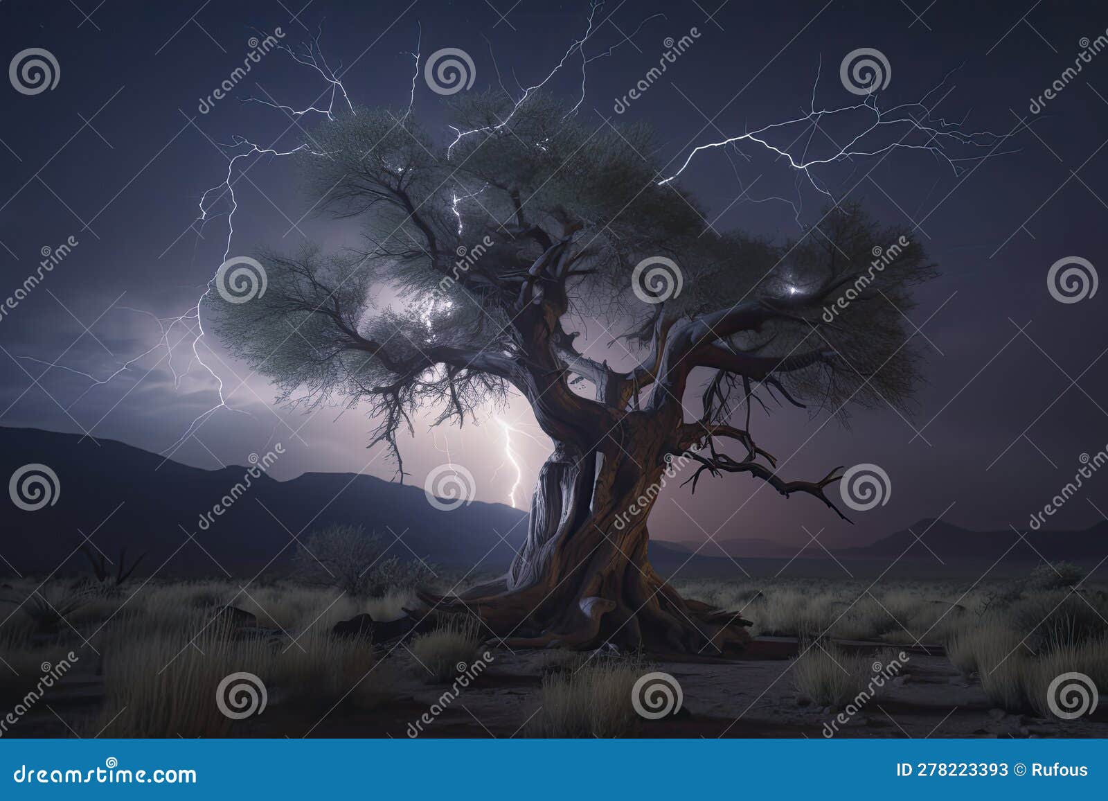 Bright Lightning Hit the Tree Stock Illustration - Illustration of ...