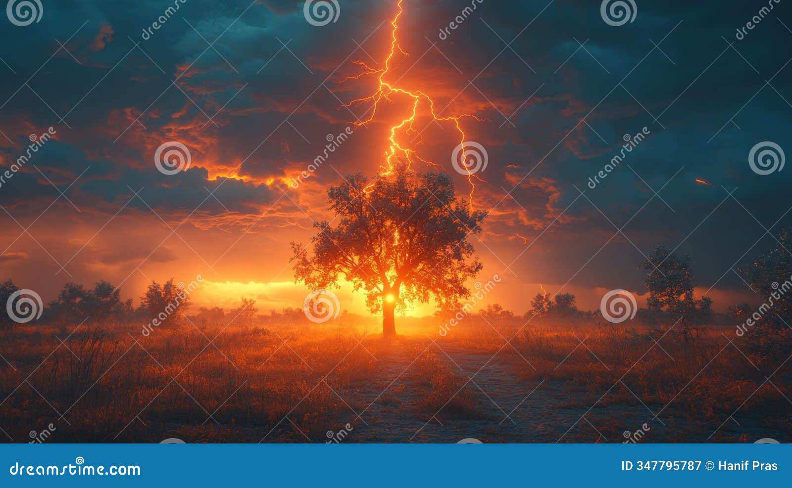 Bright Lightning Strikes a Tree and it Catches Fire Stock Illustration ...