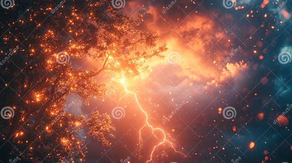 Bright Lightning Strikes a Tree and it Catches Fire Stock Illustration ...