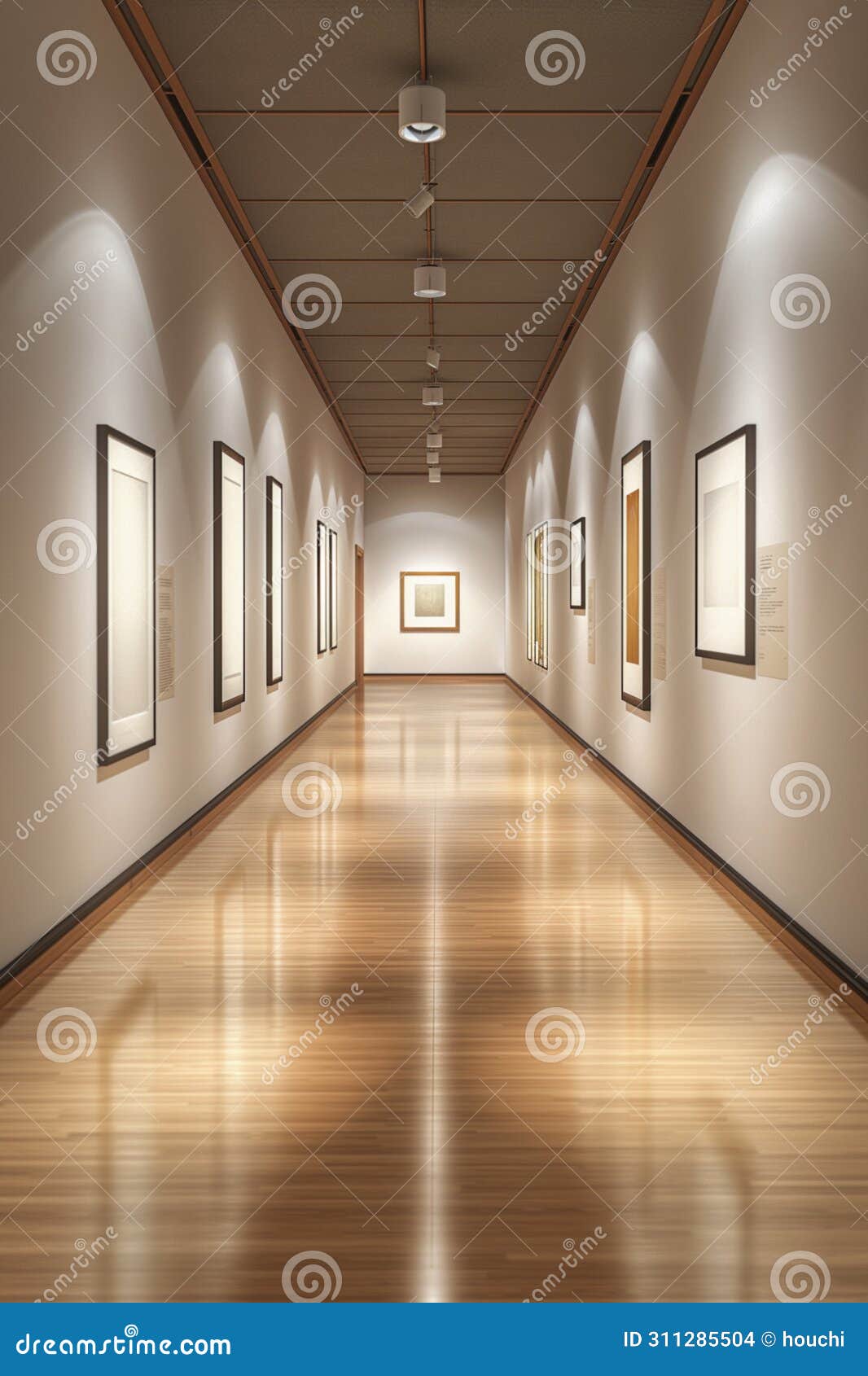 A Hallway With A Row Of Picture Frames On The Wall. Stock Photo ...