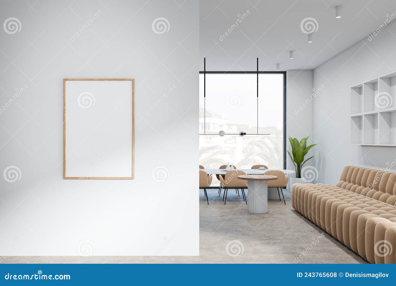Bright Living Room Interior with Empty White Poster, Panoramic Window ...