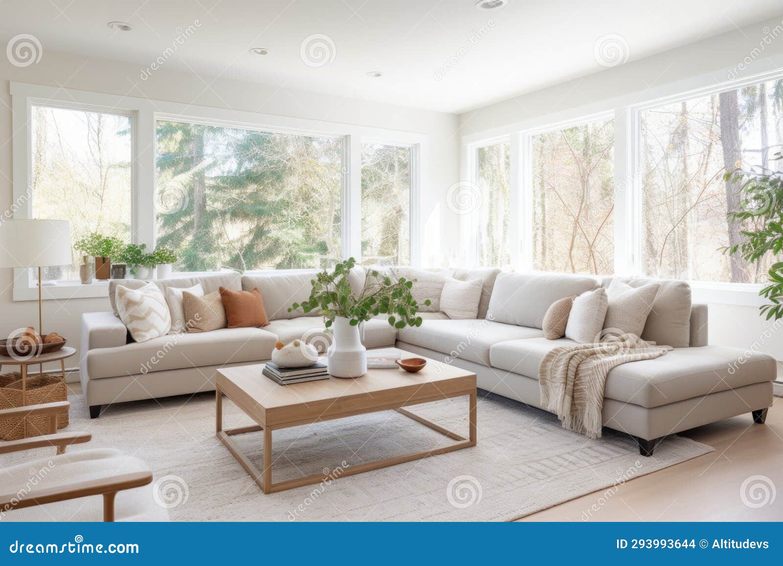 Bright Living Room with Large Open Windows Stock Photo - Image of ...