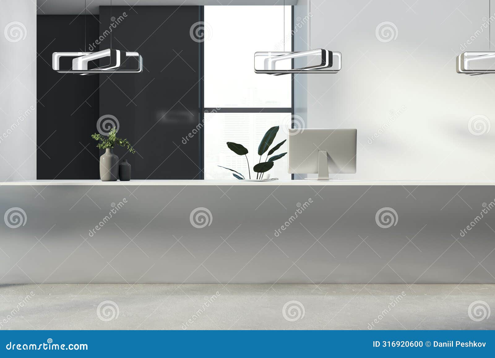 Bright Luxury Concrete Office Reception with Window and City View ...