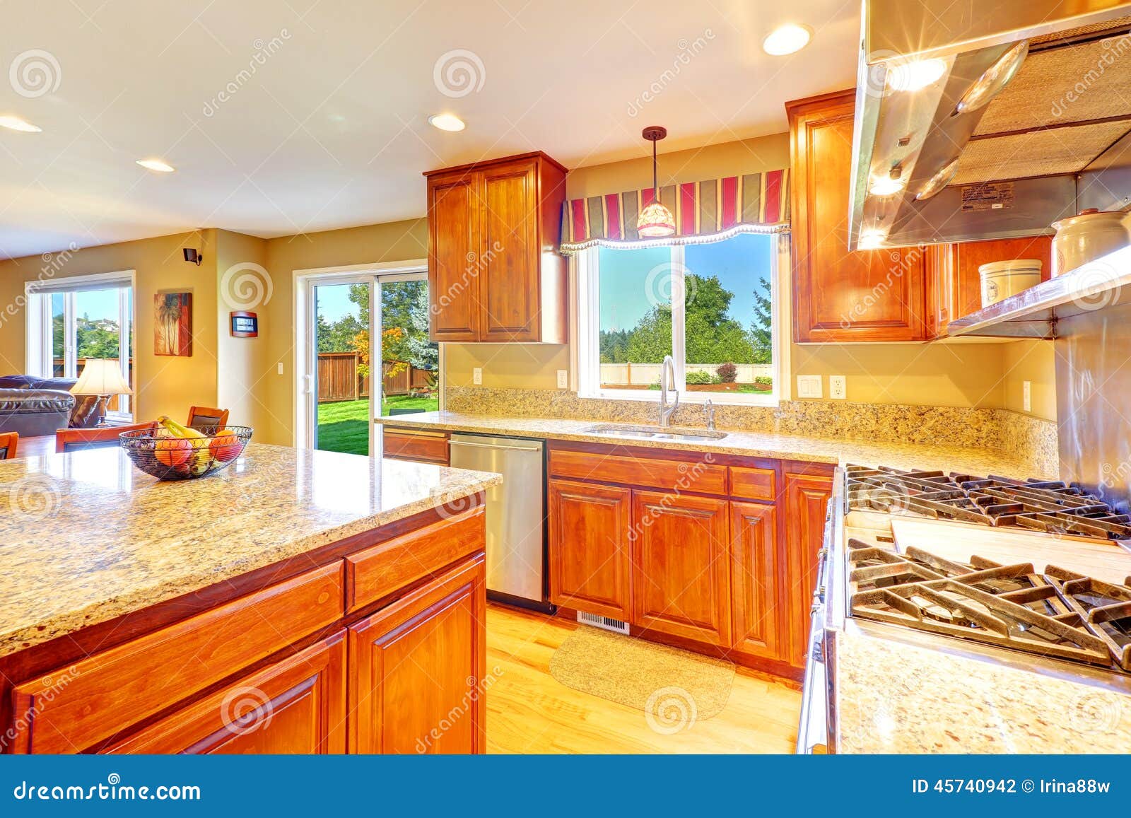 Bright Luxury Kitchen Room with Exit To Backyard Stock Photo - Image of ...