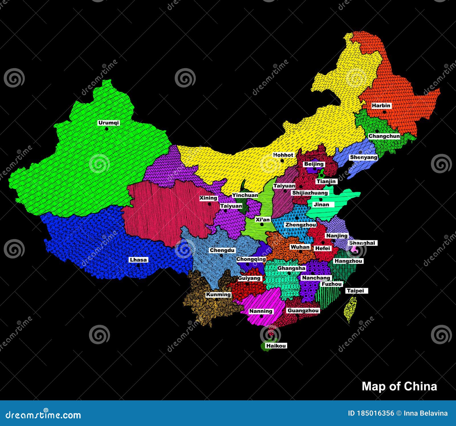 Bright Map of China. Map of China Graphic Illustration on Black ...