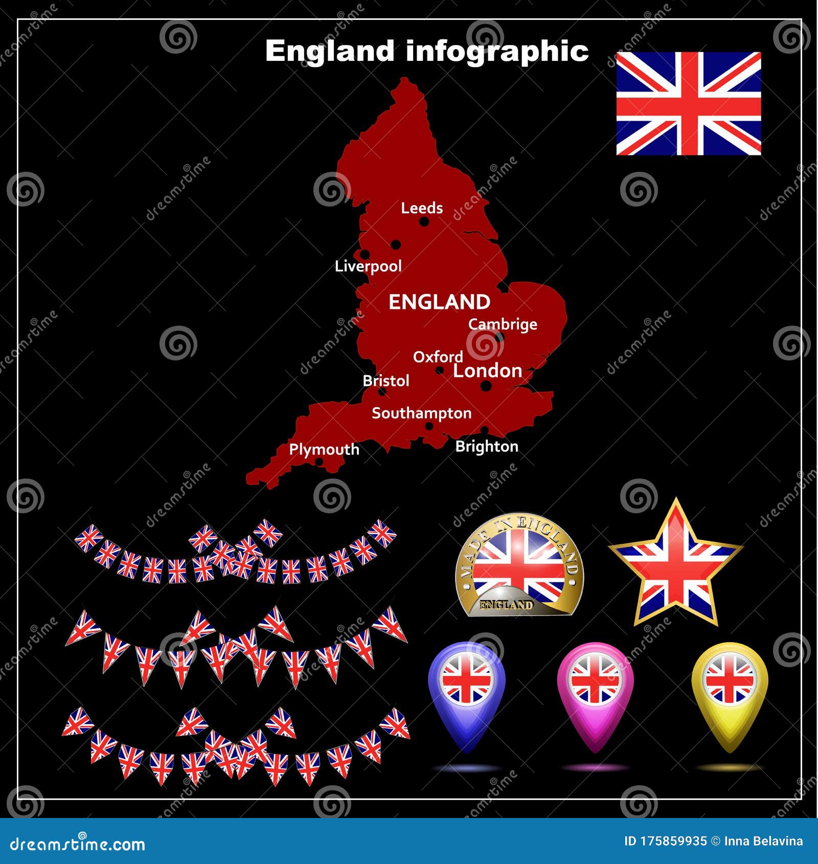 Bright Map of England. Map of England Graphic Illustration. Set ...