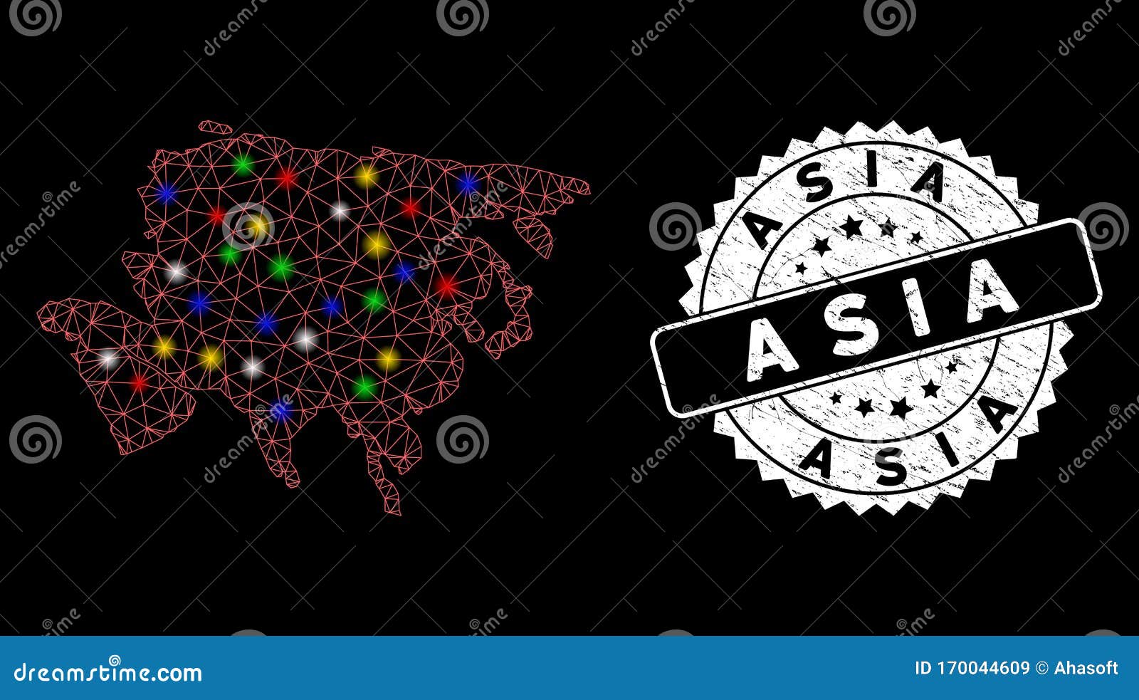 Bright Mesh Wire Frame Asia Map with Light Spots and Rubber Stamp Seal ...