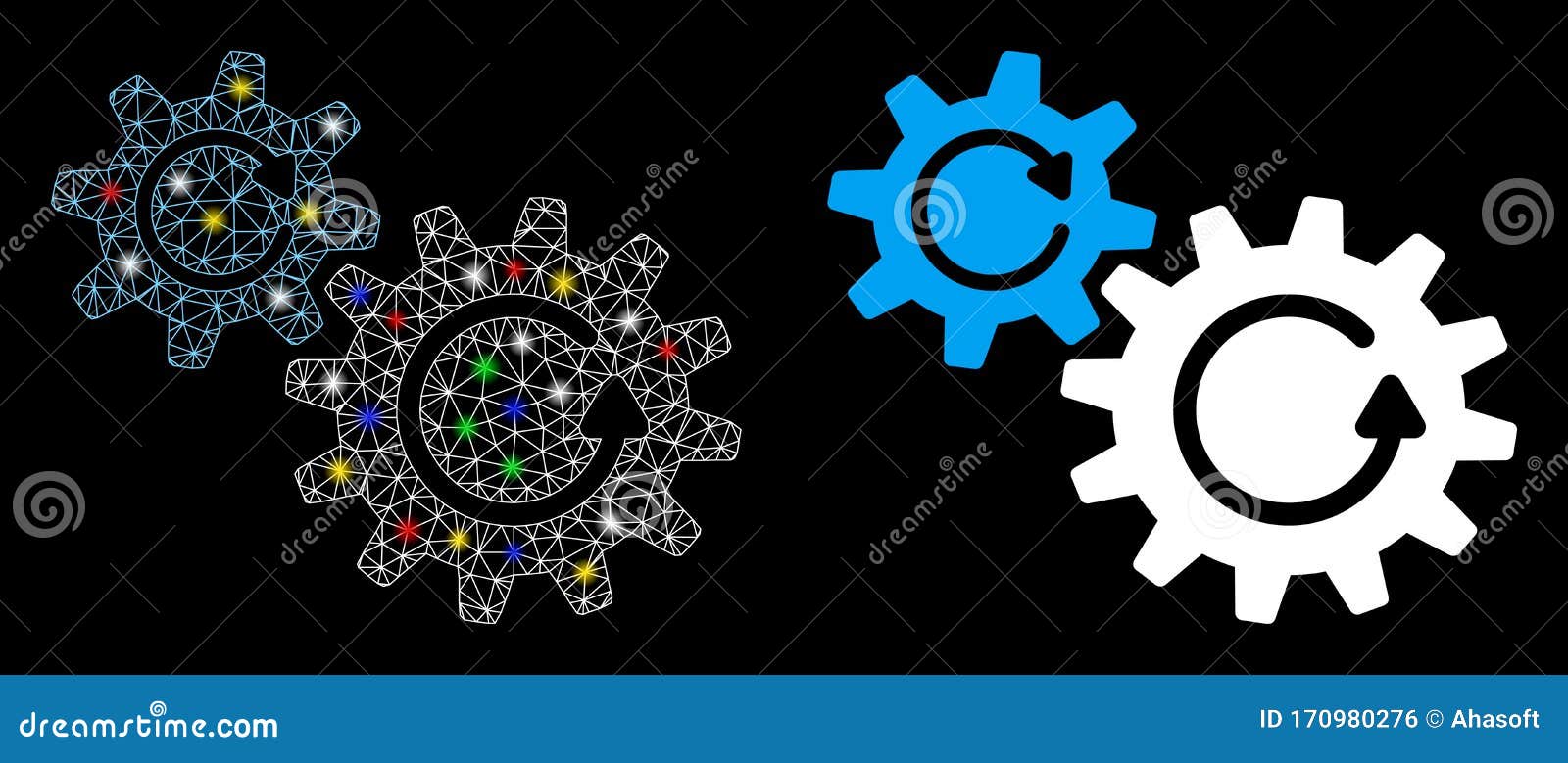 Glowing Mesh 2D Cogs Rotation Icon with Flash Spots Stock Vector ...