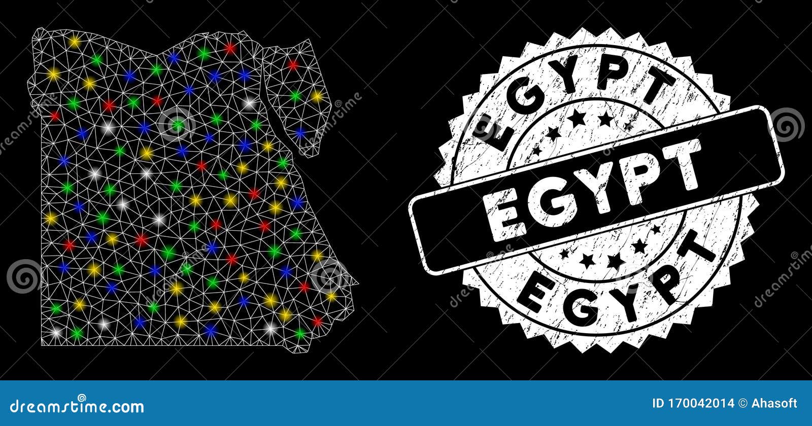 Bright Mesh Network Egypt Map with Flash Spots and Grungy Stamp Seal ...