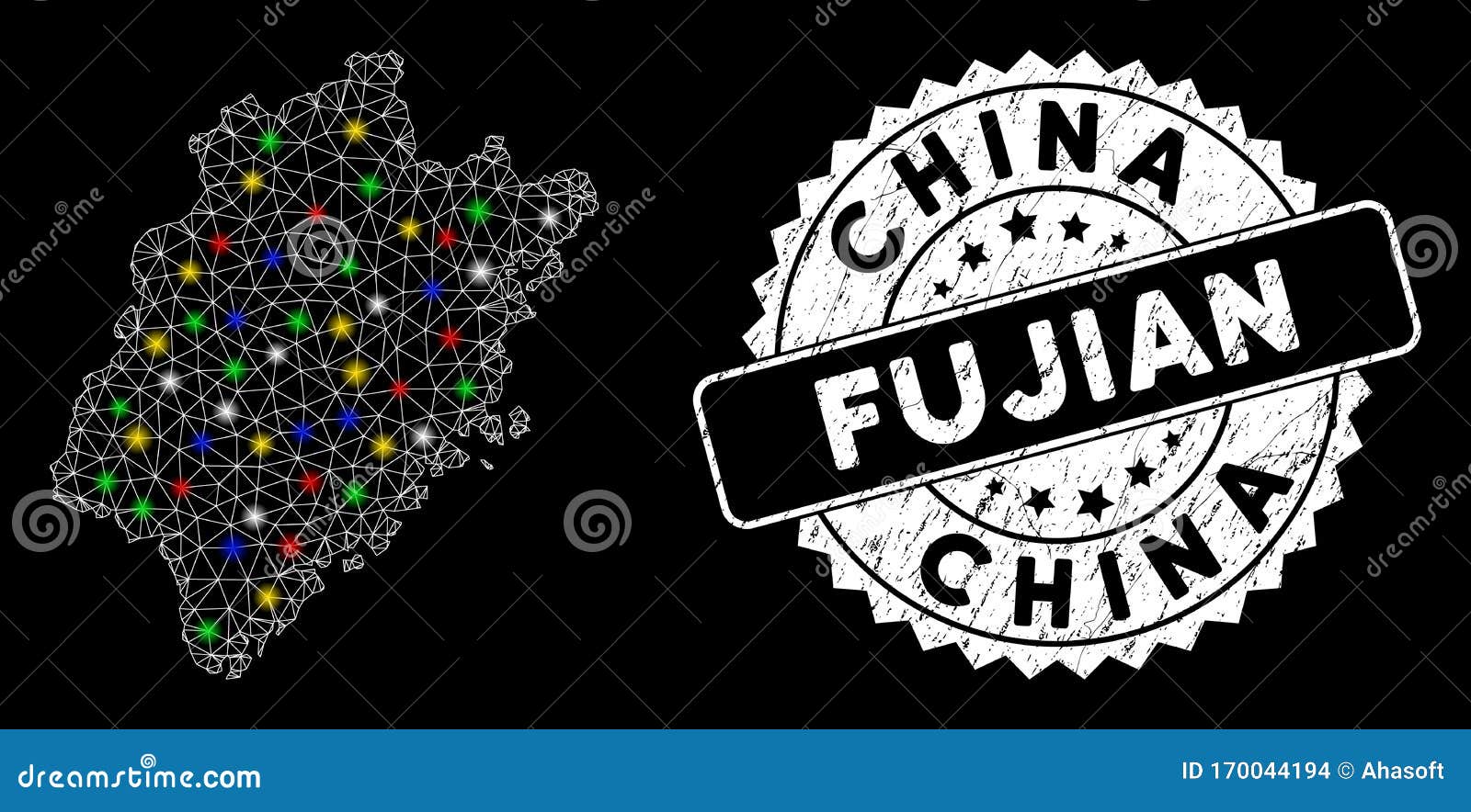 Bright Mesh Network Fujian Province Map with Light Spots and Grungy ...