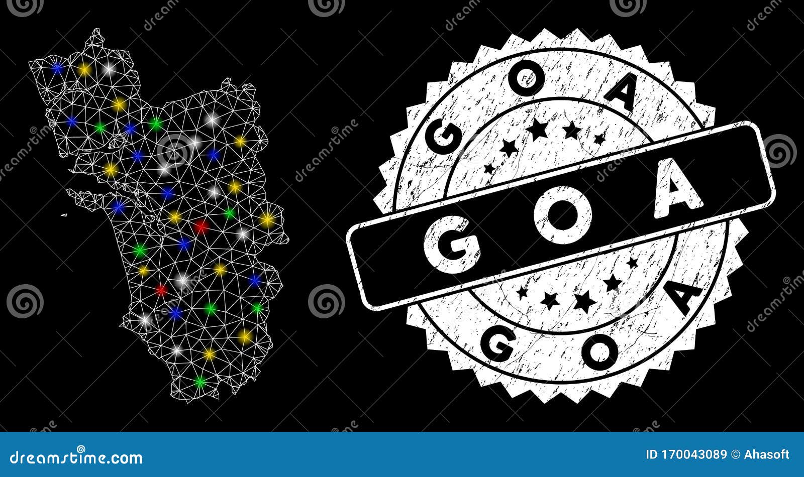Bright Mesh Wire Frame Goa State Map with Flare Spots and Scratched ...
