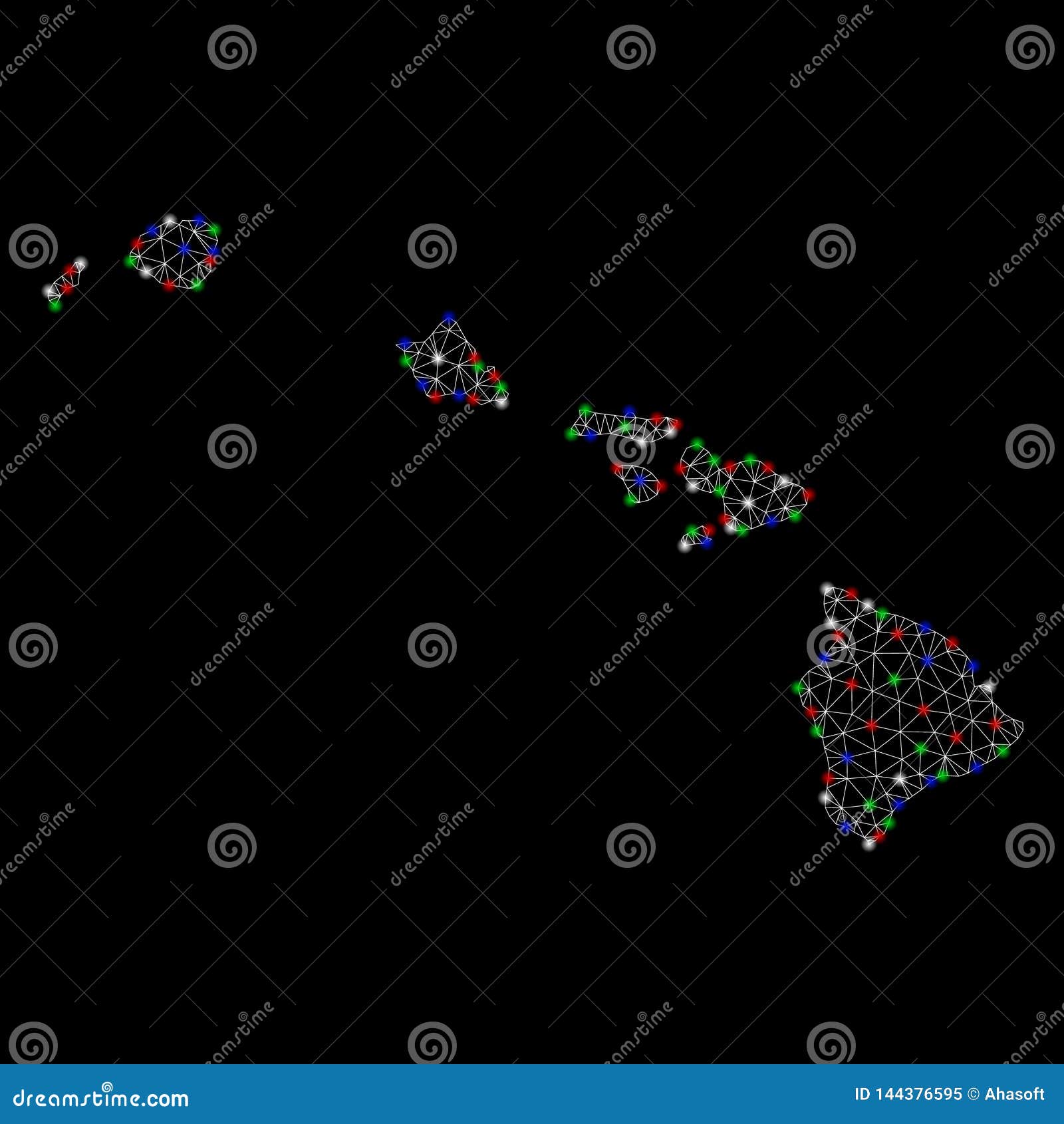 Bright Mesh Wire Frame Hawaiian Islands Map with Light Spots Stock ...