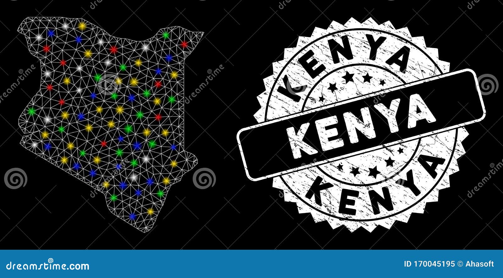 Bright Mesh Network Kenya Map with Flash Spots and Scratched Watermark ...