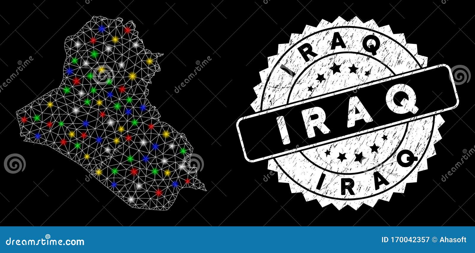 Bright Mesh Network Iraq Map with Flare Spots and Scratched Watermark ...